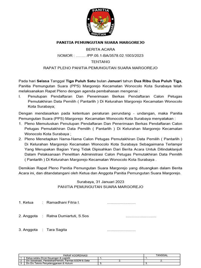 1a. BA Penutupan Pendaftaran Pantarlih Paraf Kordinasi | PDF