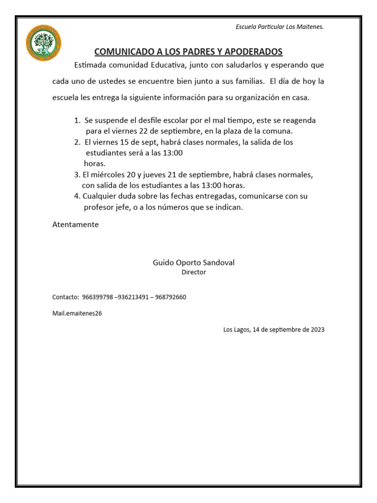Comunicado A Los Padres y Apoderados | PDF