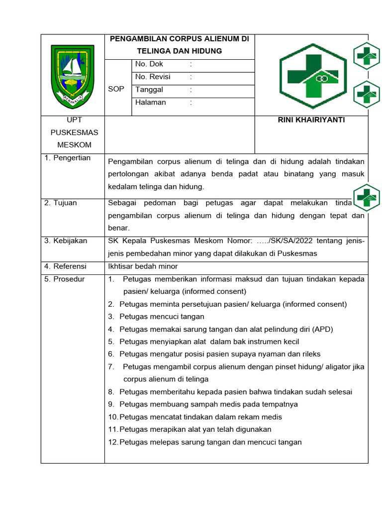 SOP Ekstraksi Corpus Alienum | PDF | Hukum | Kesehatan Holistik