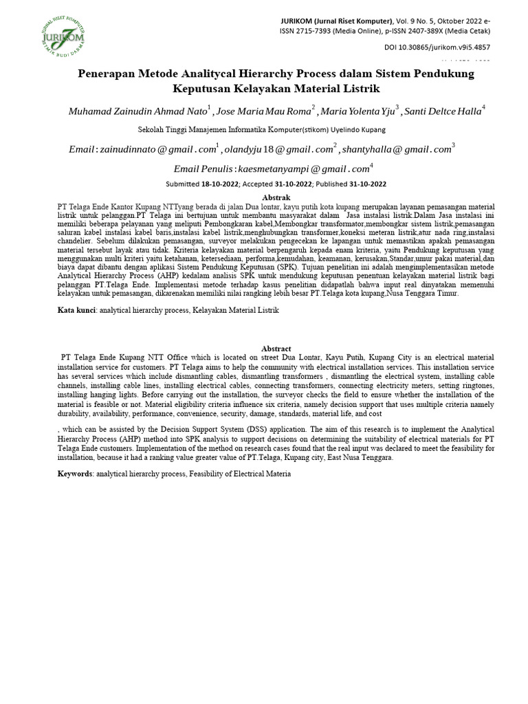 Jurnal Penerapan Metode Analitycal Hierarchy Process Dalam Sistem Pendukung Keputusan Kelayakan ...