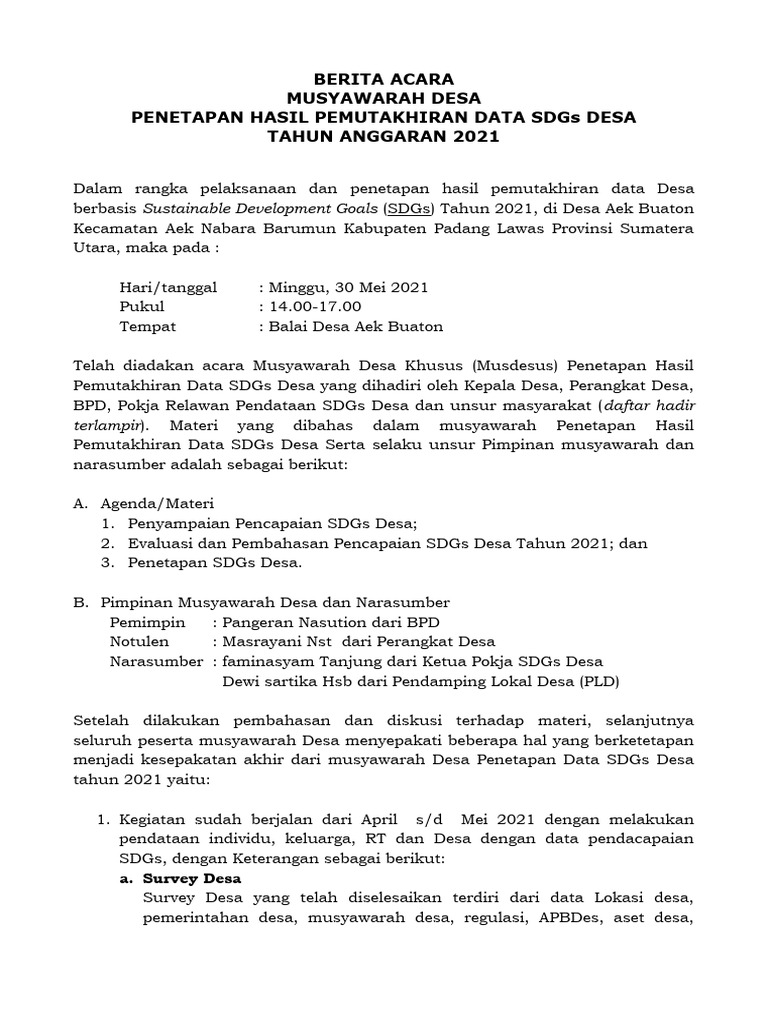 Berita Acara Penetapan Hasil Pemutakhiran Data Sdgs AEK BUATON | PDF Berita Acara Penetapan Hasil Pemutakhiran Data Sdgs AEK BUATON | PDF