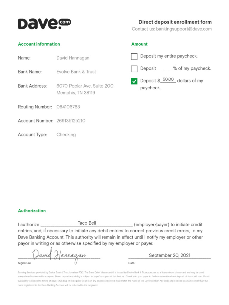 Dave Banking Direct Deposit Enrollment Form | PDF | Banks | Deposit Account