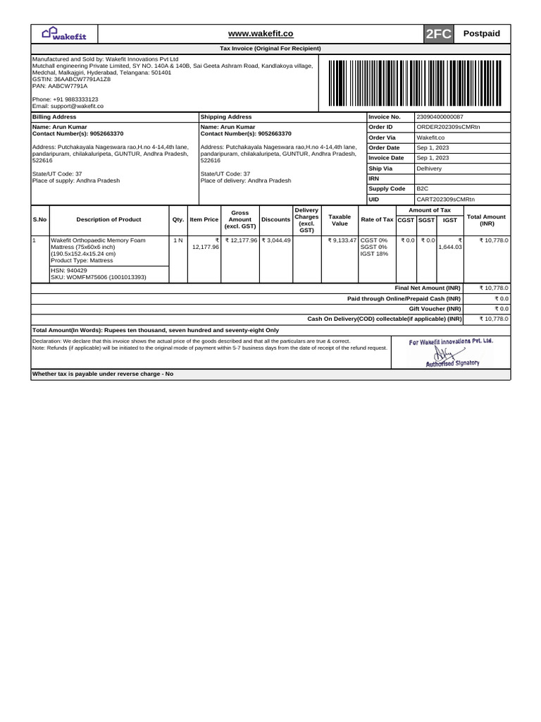 WAKEFIT_INVOICE_ORDER202309sCMRtn_2023090506121693894330 | PDF ...