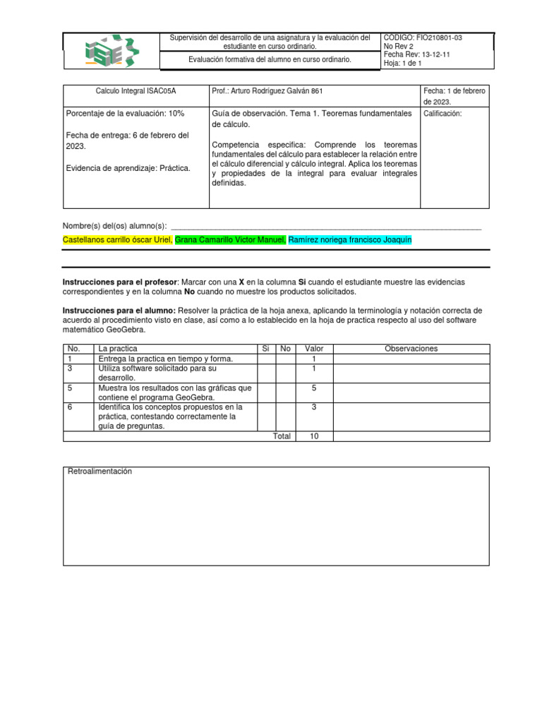 Evaluación de Práctica de Cálculo Integral | PDF | Integral | Evaluación