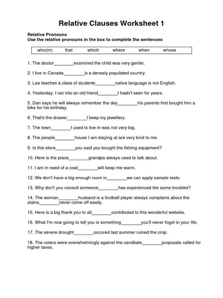 Relative Clauses Practice Worksheet | PDF