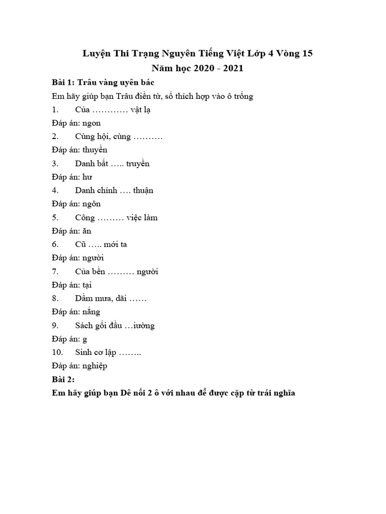 De Thi Trang Nguyen Tieng Viet Lop 4 Nam 2020 2021 Vong 15 716 | PDF