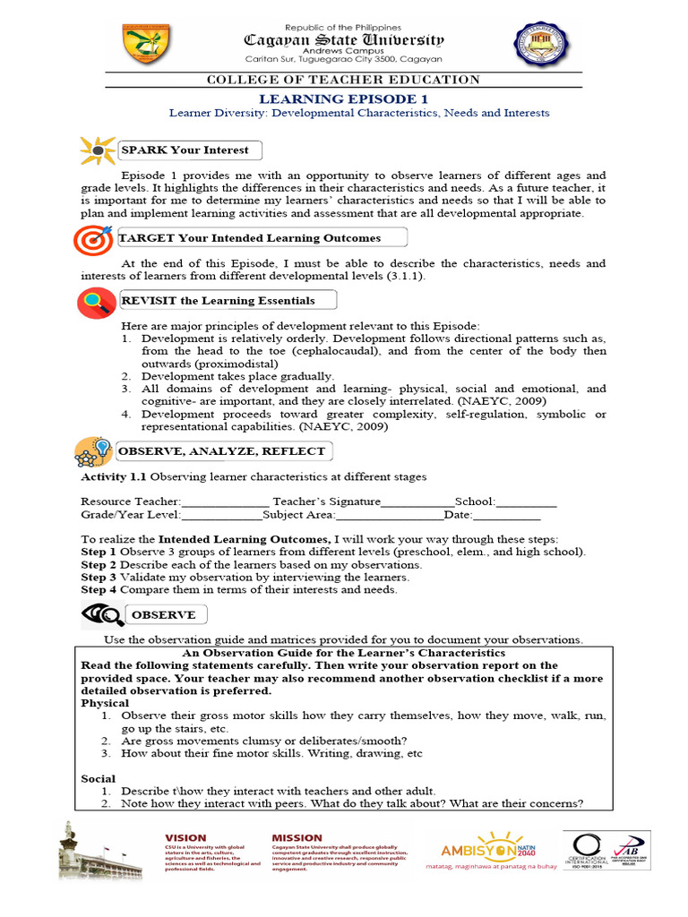 Field Study 1 Learning Episodes | PDF | Learning | Classroom Management