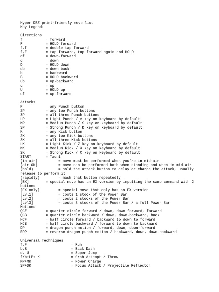 Hyper DBZ - Printable Movelist | PDF
