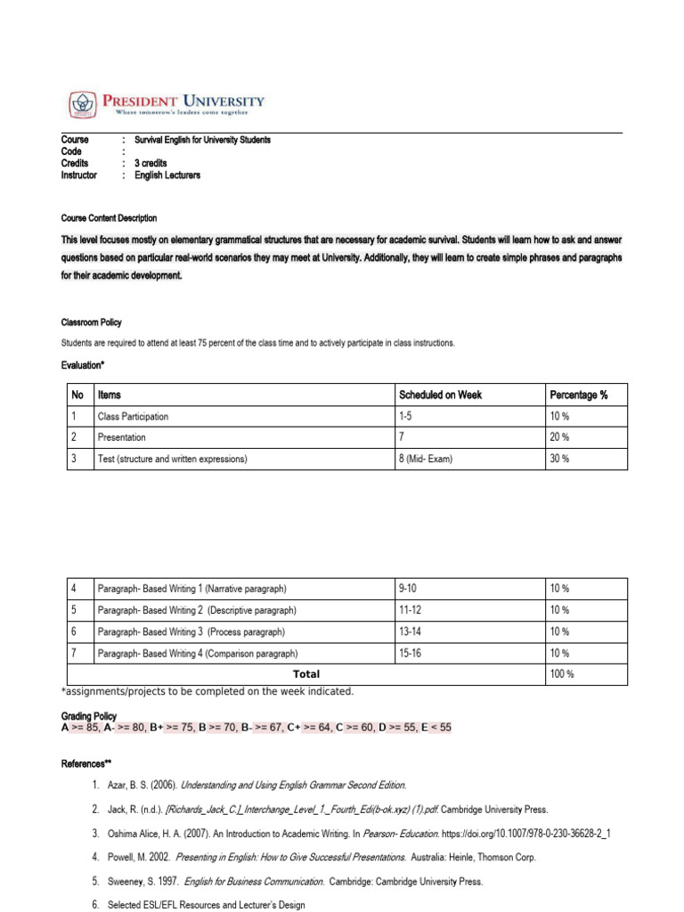 Survival English Syllabus - 20221 - President University | PDF ...