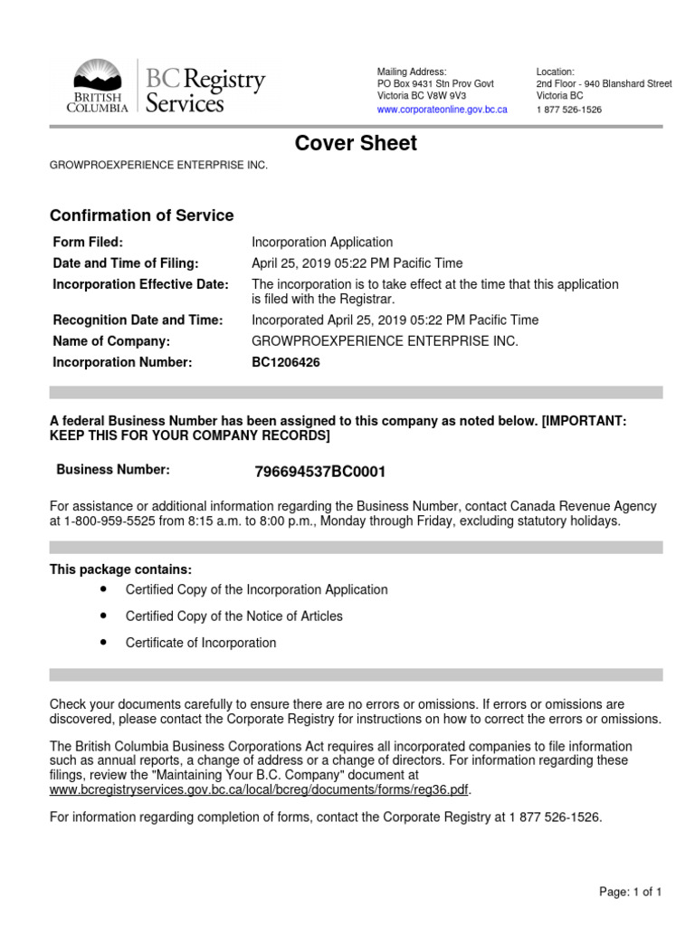 Growpro Notice of Articles and Certificate of Incorporatoin | PDF ...