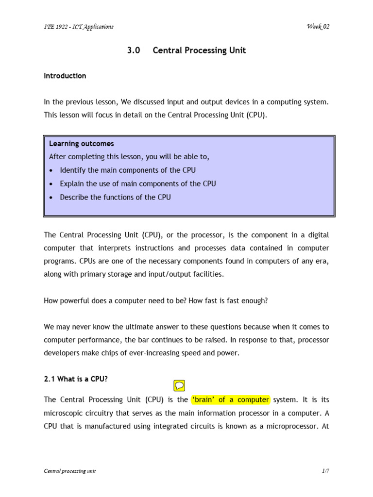 3.0 Central Processing Unit: ITE 1922 - ICT Applications | Download Free PDF | Central ...