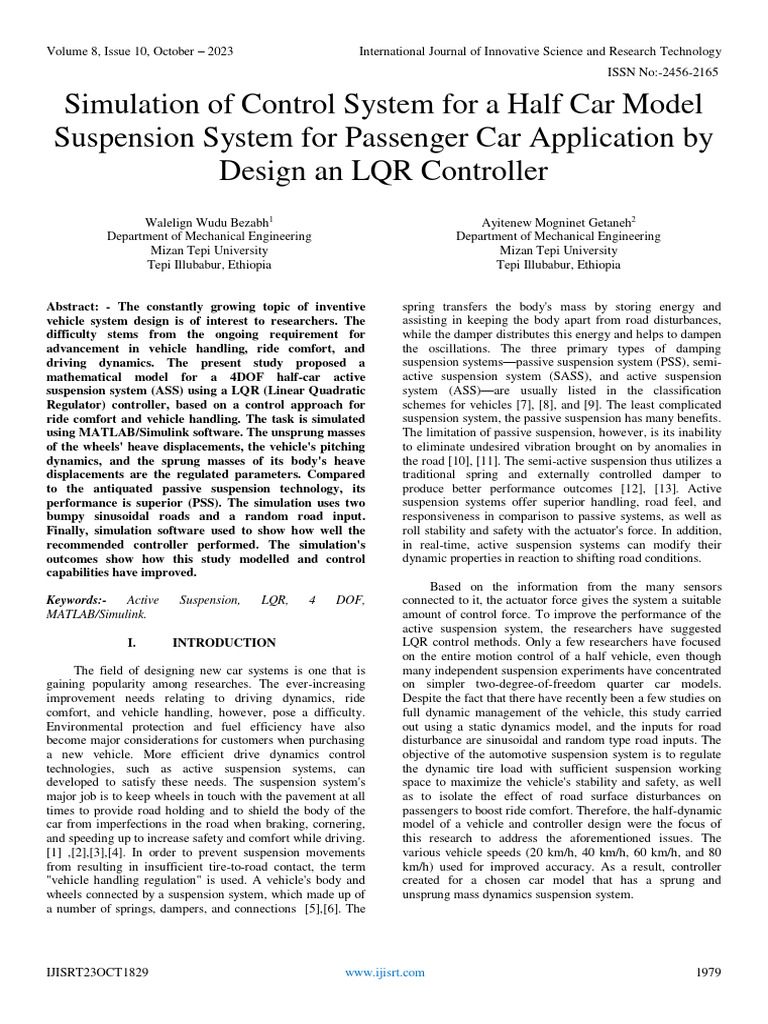 Simulation of Control System For A Half Car Model Suspension System For ...
