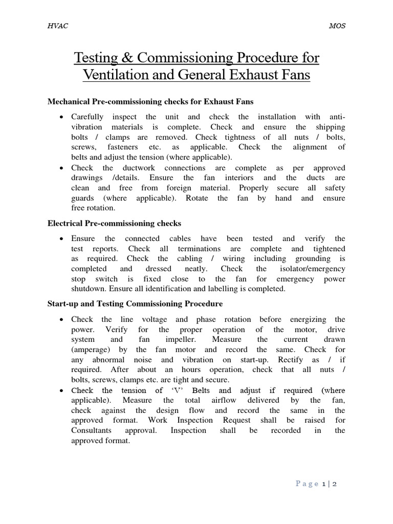 Method of Statement For Testing Commissioning of Ventilation General ...