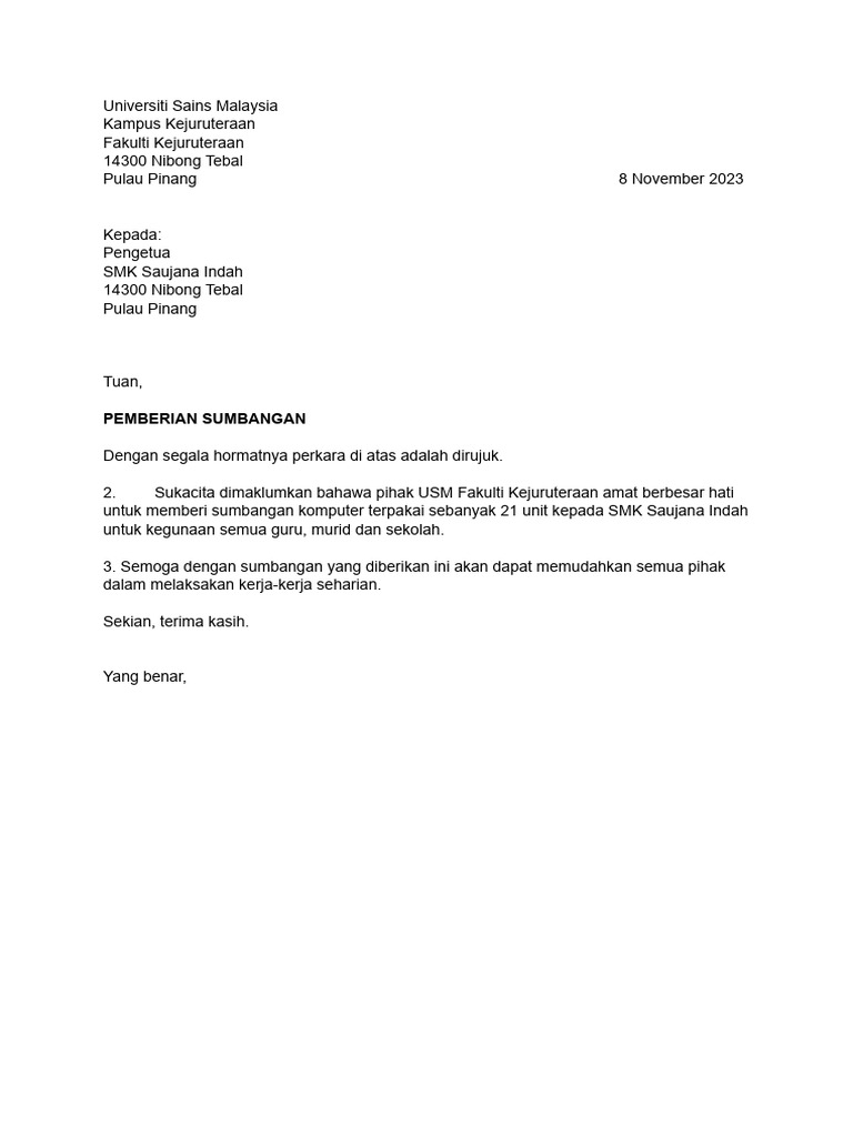 Contoh Surat Dari Pemberi Sumbangan | PDF