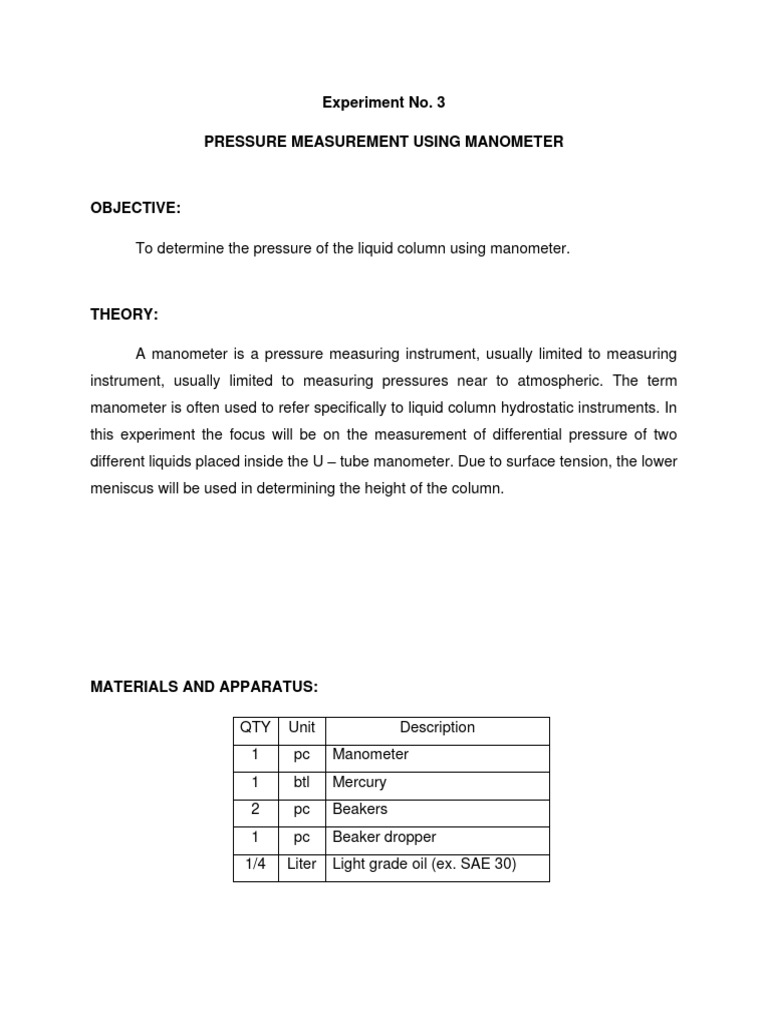 Experiment No 3 - Manometer Group 1 | PDF | Pressure Measurement | Pressure