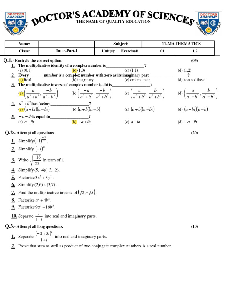 11 Maths Ex.1.2 FLP | PDF | Complex Number | Numbers
