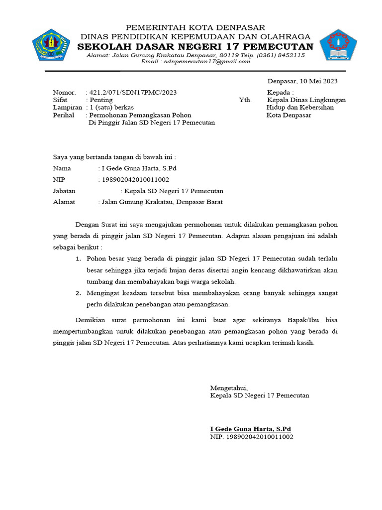 Surat Permohonan Pemangkasan Pohon SDN 17 PMC | PDF Surat Permohonan Pemangkasan Pohon SDN 17 PMC | PDF