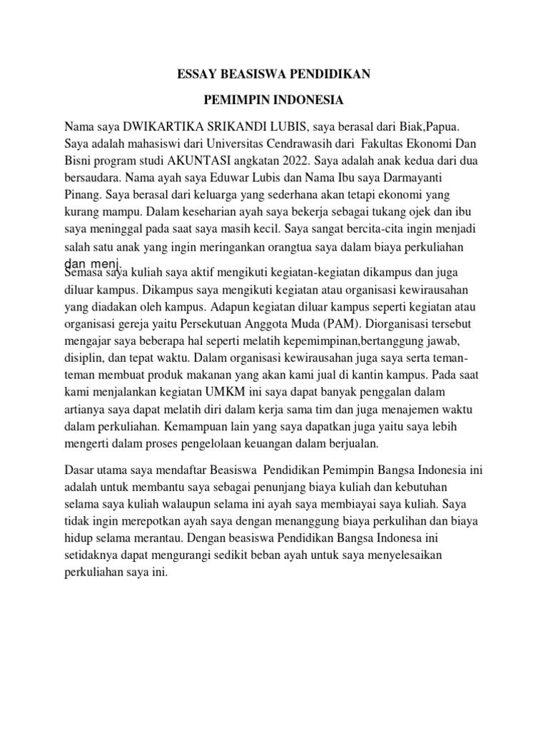 Essay Beasiswa Pendidikan-Dwikartikasrikandilubis | PDF | Karier & Perkembangan | Pengembangan Diri