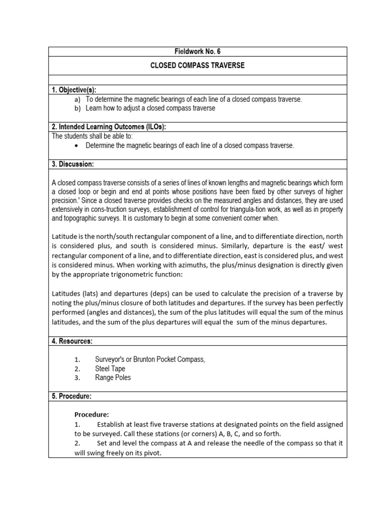 Closed Compass Traverse Procedure Guide | PDF | Compass | Surveying