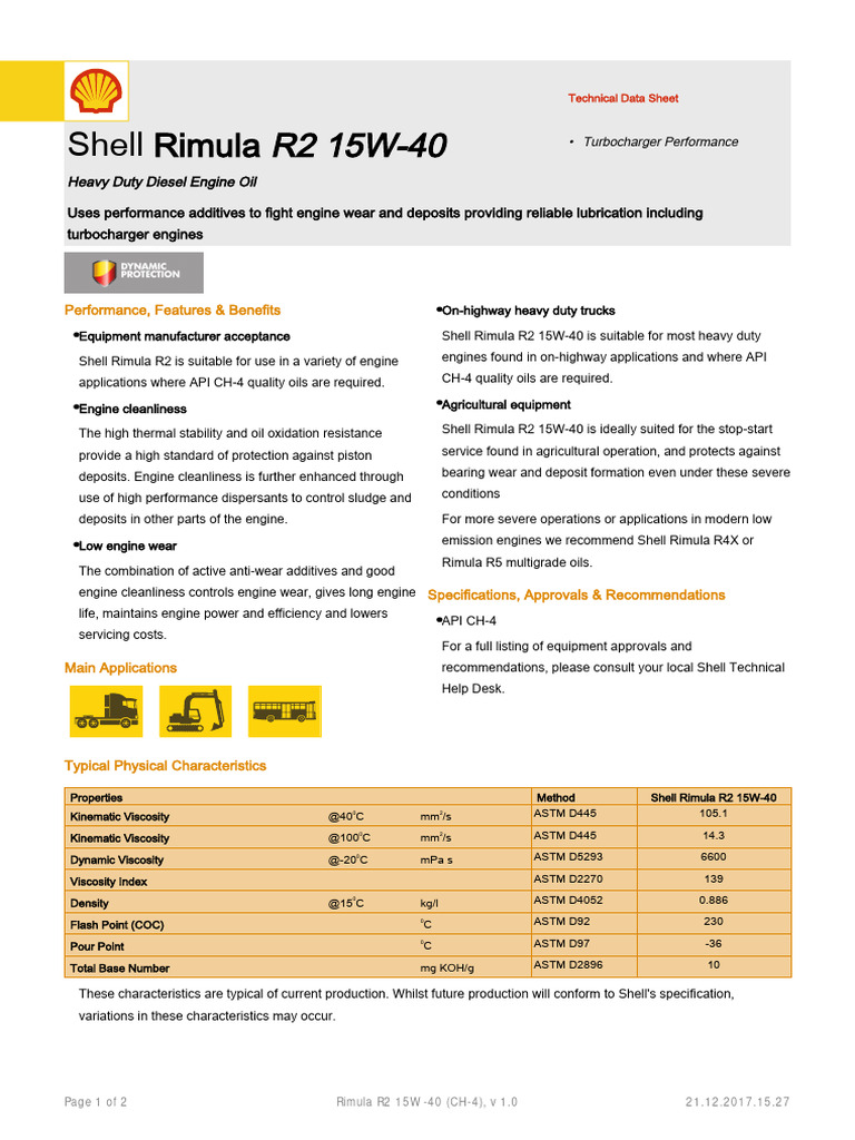 Shell Rimula R2 15W-40 Oil Overview | PDF | Chemistry | Mechanical ...