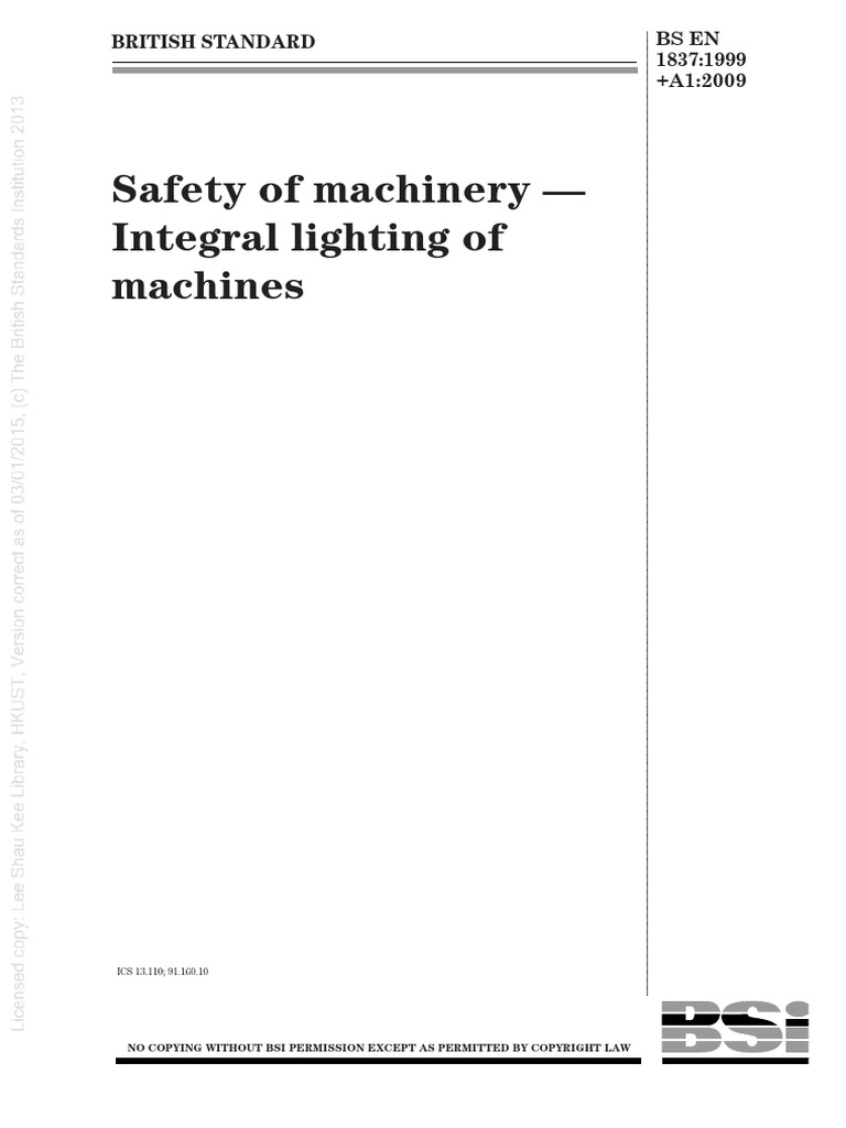 BS en 01837-1999 + A1-2009 (2010) (Integral Lighting of Machines) | PDF | Lighting | European Union