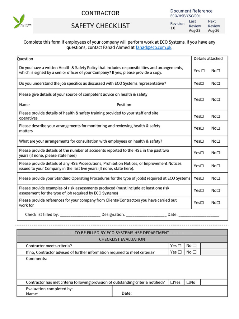 Contractor Safety Evaluation Checklist | PDF | Occupational Safety And ...