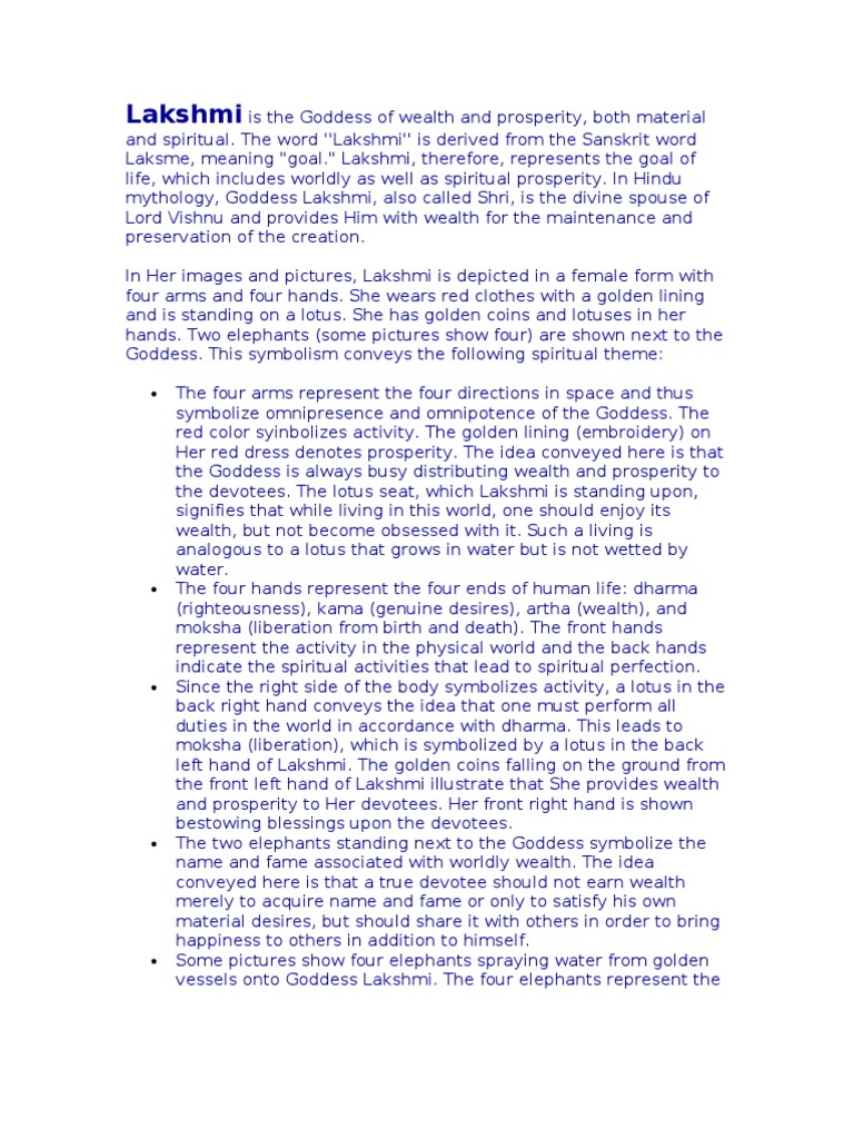 Lakshmi Is The Goddess of Wealth and Prosperity | PDF | Devi | Indian ...