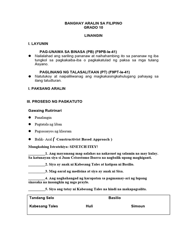 Co2-Banghay Aralin Sa Filipino10-Si Huli | PDF