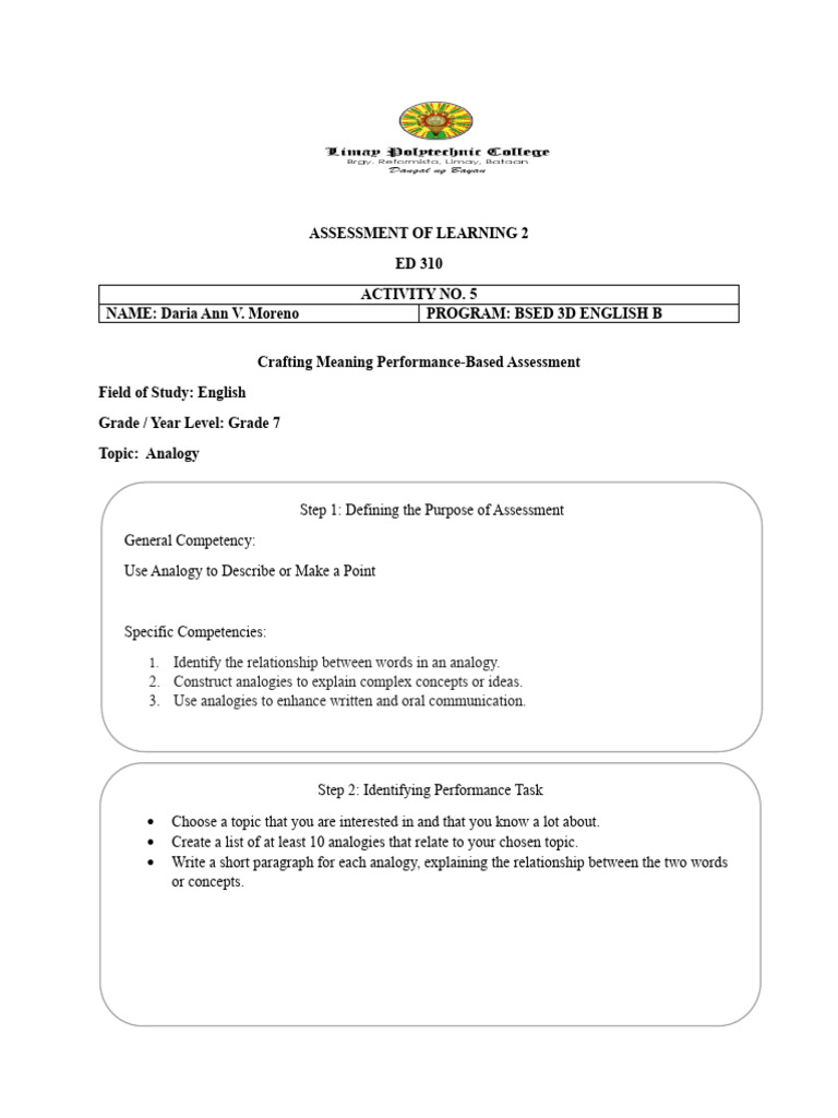 Activity-5 Rubrics Reflection | PDF | Analogy | Learning