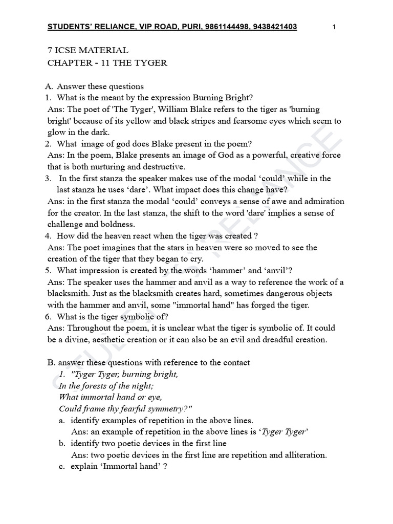 7 Icse Tyger | PDF | Poetry