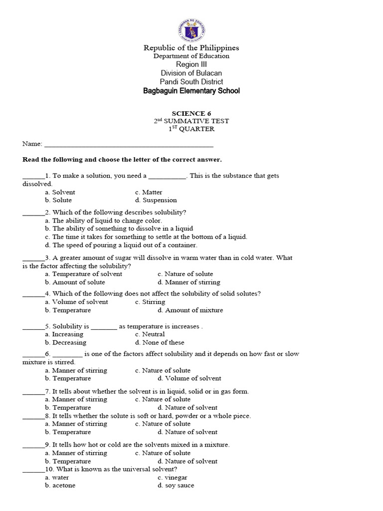 SCI6 - ST2 - Q1 W TOS | Download Free PDF | Mixture | Solvent
