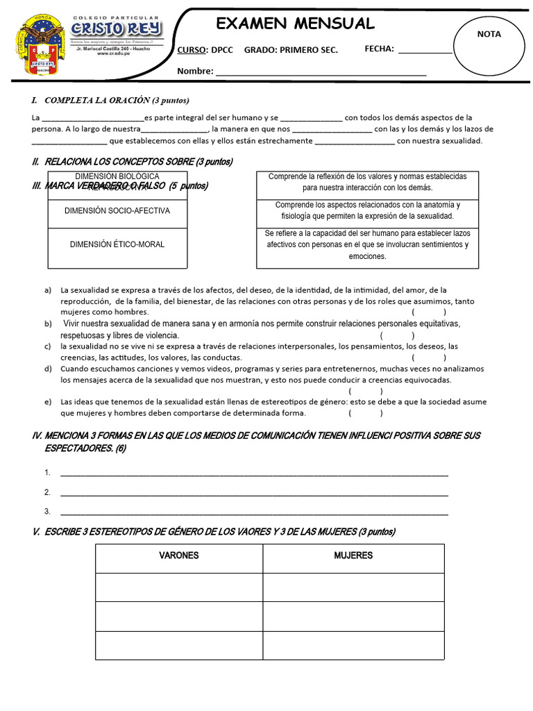 Examen Mensual DPCC - 1ro Sec. | PDF | La sexualidad humana | Ciencias del comportamiento