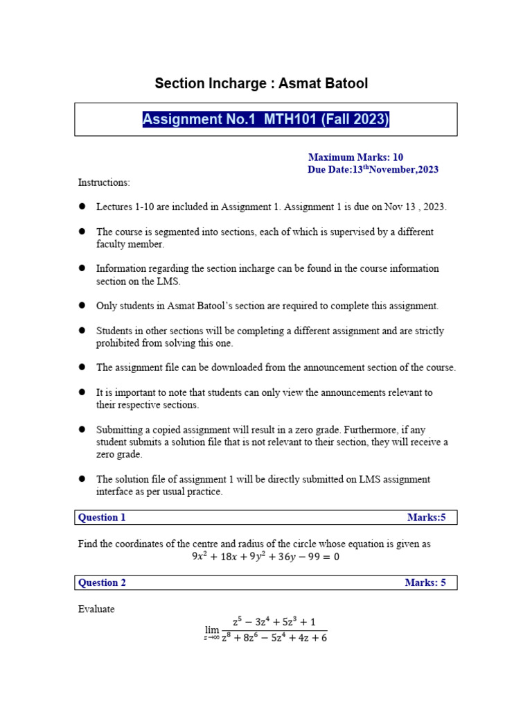 Assignment 1 Section Incharge Asmat Batool | PDF