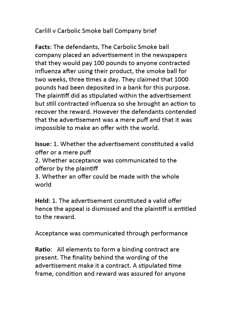 Carlill V Carbolic Smoke Ball Company Brief | PDF | Business | Finance ...