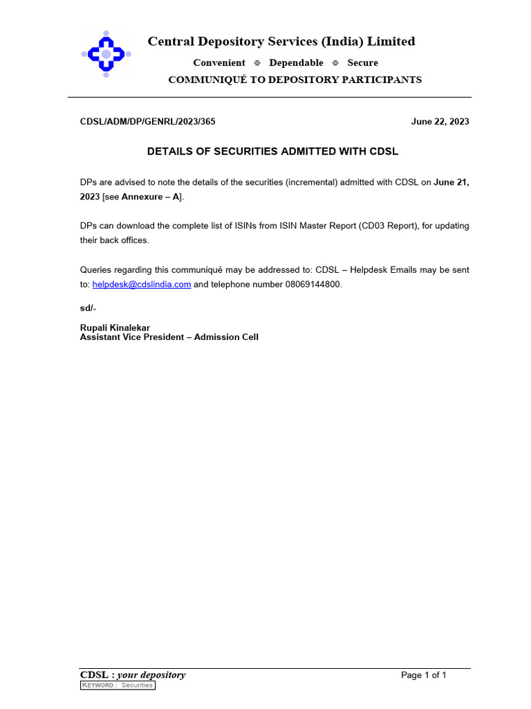 Communiques - DP - DP 365 Securities Admitted With CDSL 21062023 | PDF | Securities (Finance ...