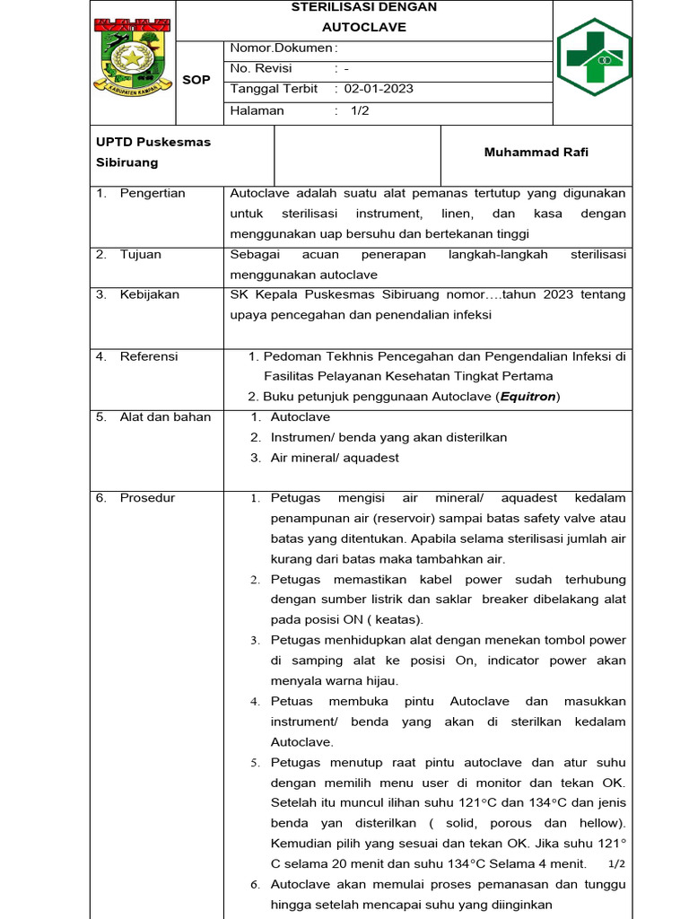 Sop Mutu Sterilisasi Autoclave | PDF