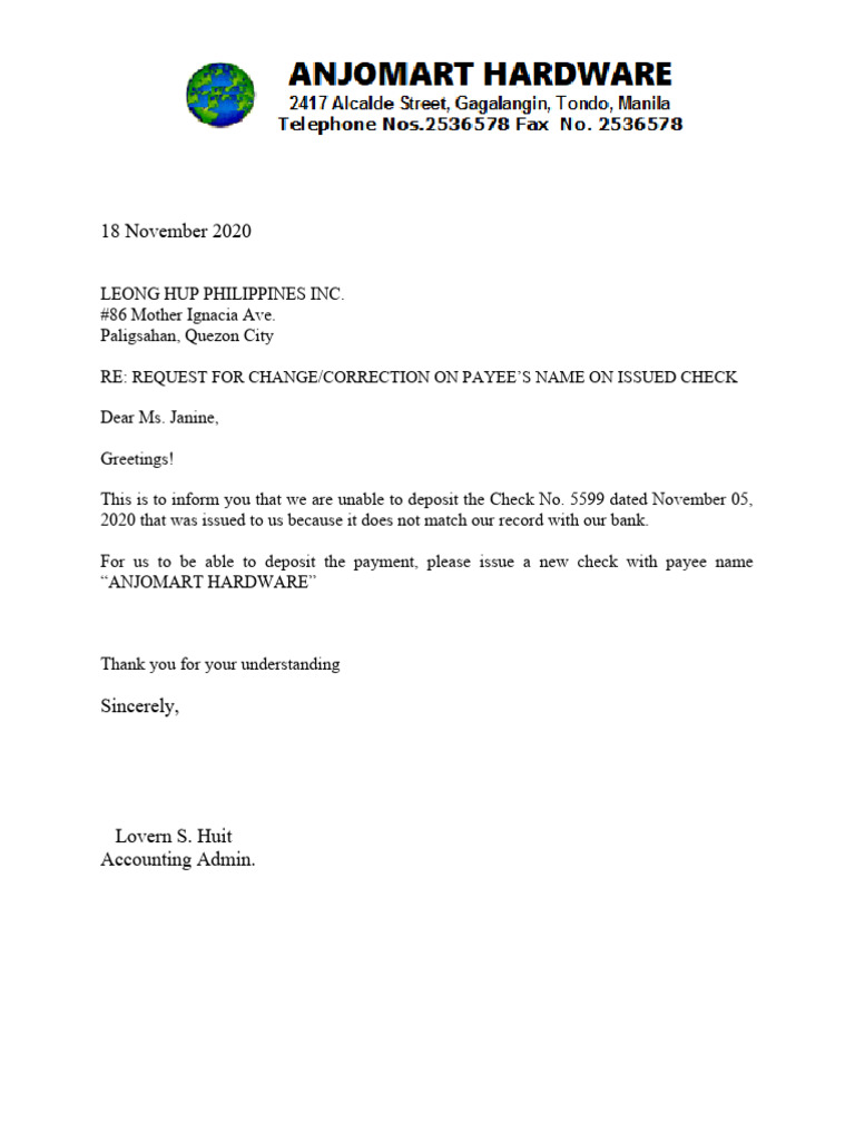 Request Letter For Corrected Check Name | PDF