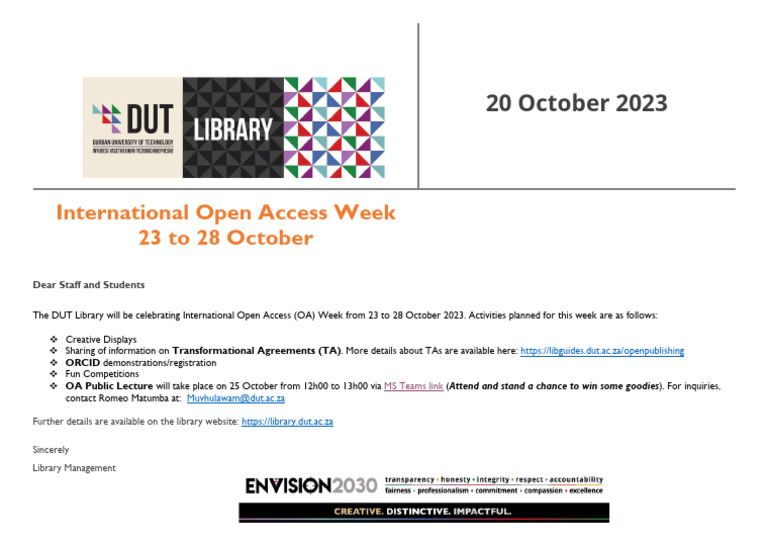 DUT LIBRARY OA Week Activities - 23-28 October 2023 | PDF