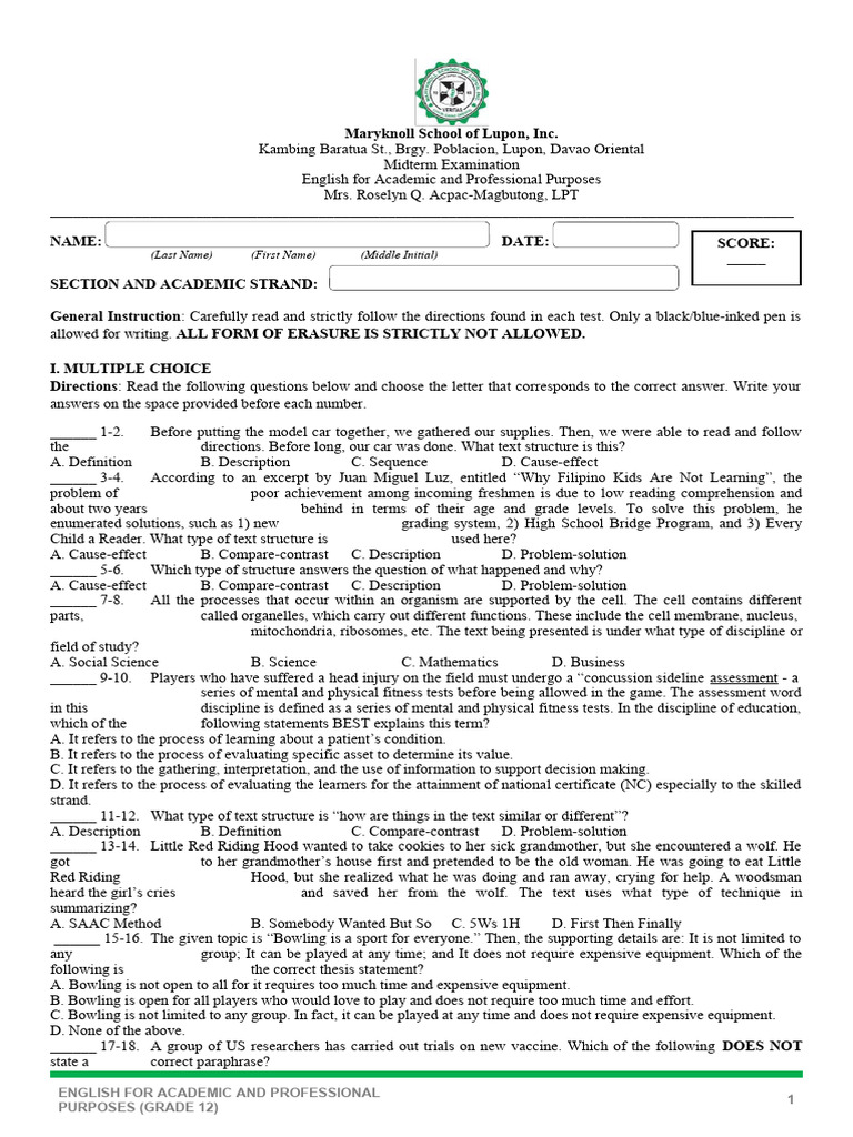 EAPP Midterm | PDF | Thesis | Dna