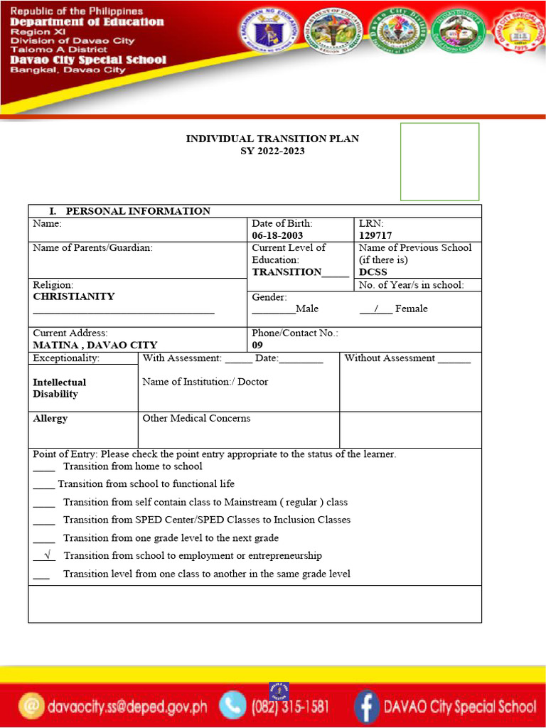 Individual Transition Plan Overview | PDF | Alphabet | Teachers