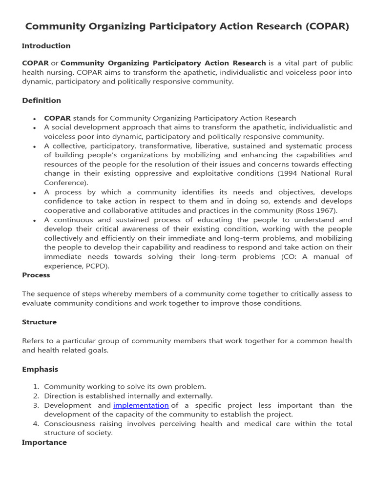 Understanding COPAR in Community Health | PDF | Swot Analysis | Goal