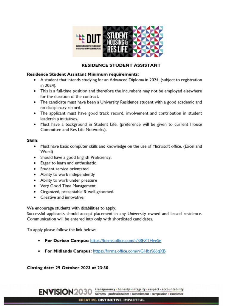 Advert For Residence Student Assistant 2024 | PDF | Career & Growth