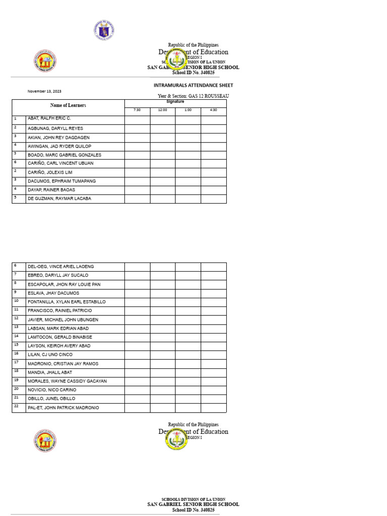 Attendancen For Intramurals 2023 g11 g12 | PDF