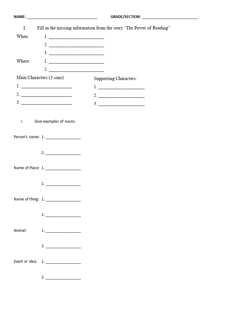 Story Elements Worksheet for Grade 3 | PDF