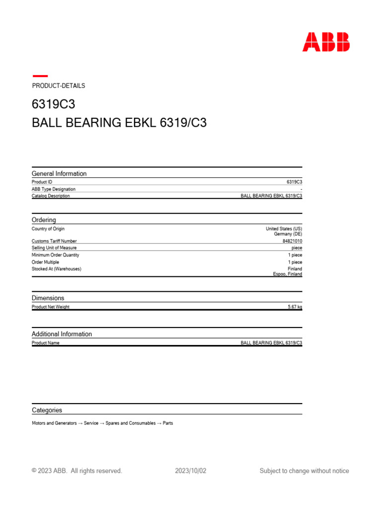 Ball Bearing Ebkl 6319/C3: General Information | PDF