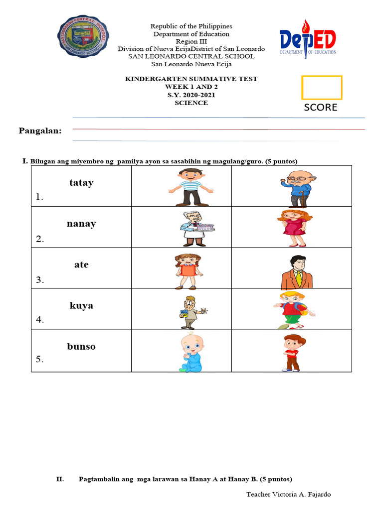 KINDERGARTEN SUMMATIVE TEST Q2 Mam BEROSE NUNEZ | PDF