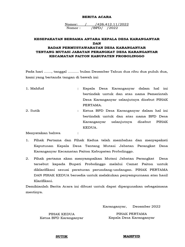 11.berita Acara Mutasi Perangkat Desa | PDF