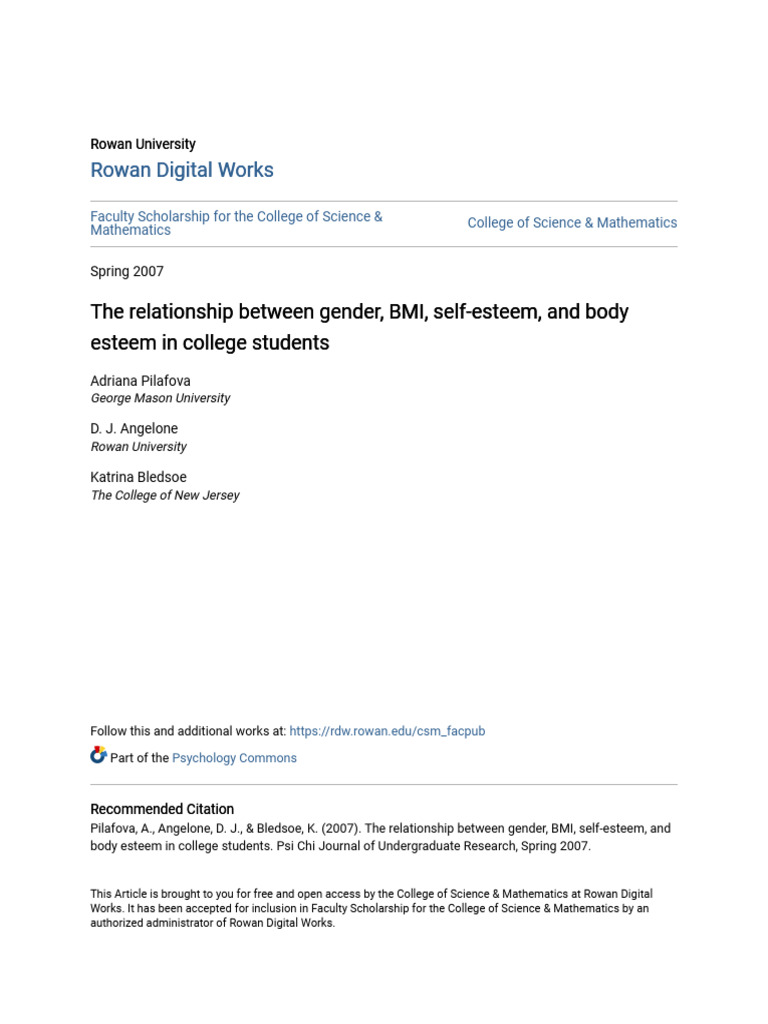 Relationship Between Gender BMI Self-Esteem and Body Esteem | PDF | Self Esteem | Adolescence