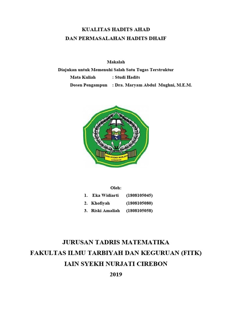 Kelompok 9 Studi Hadits Hadits Ahad Dan Hadits Dla'if | PDF