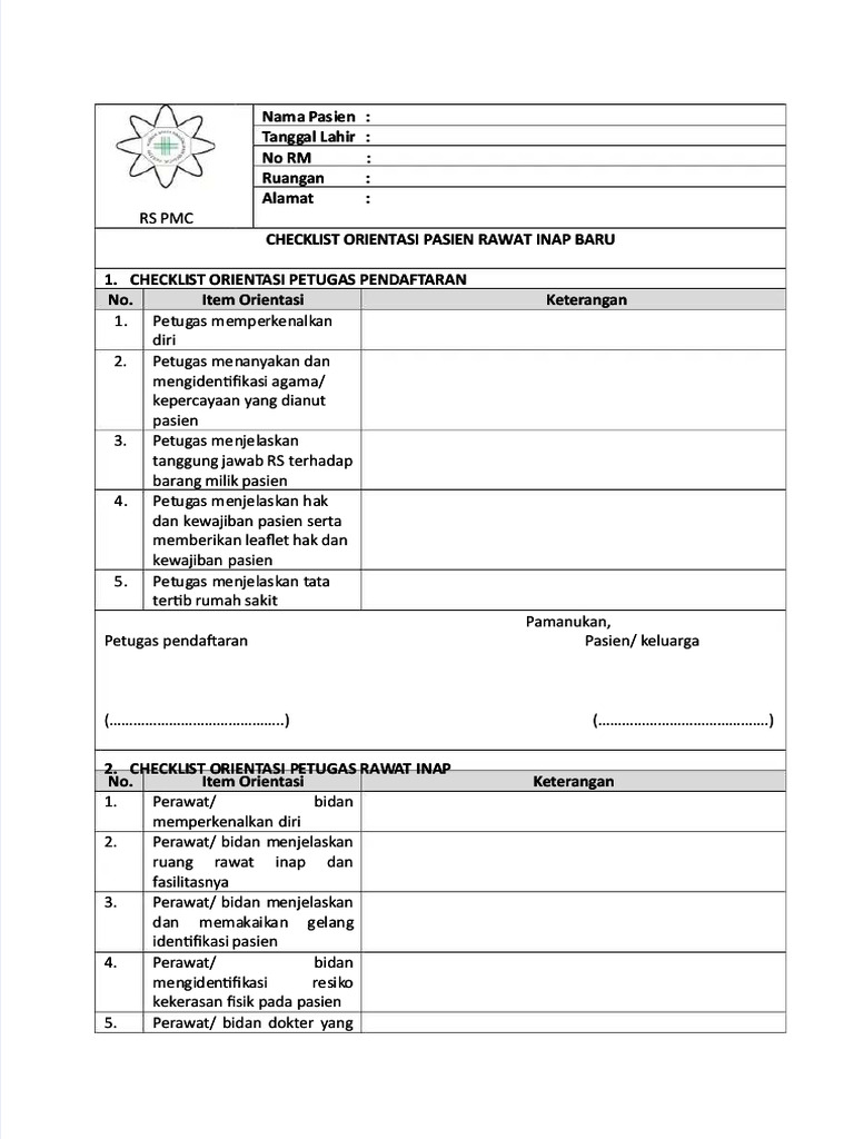 PDF Daftar Ceklis Pasien Rawat Inap Baru Salin - Compress | PDF
